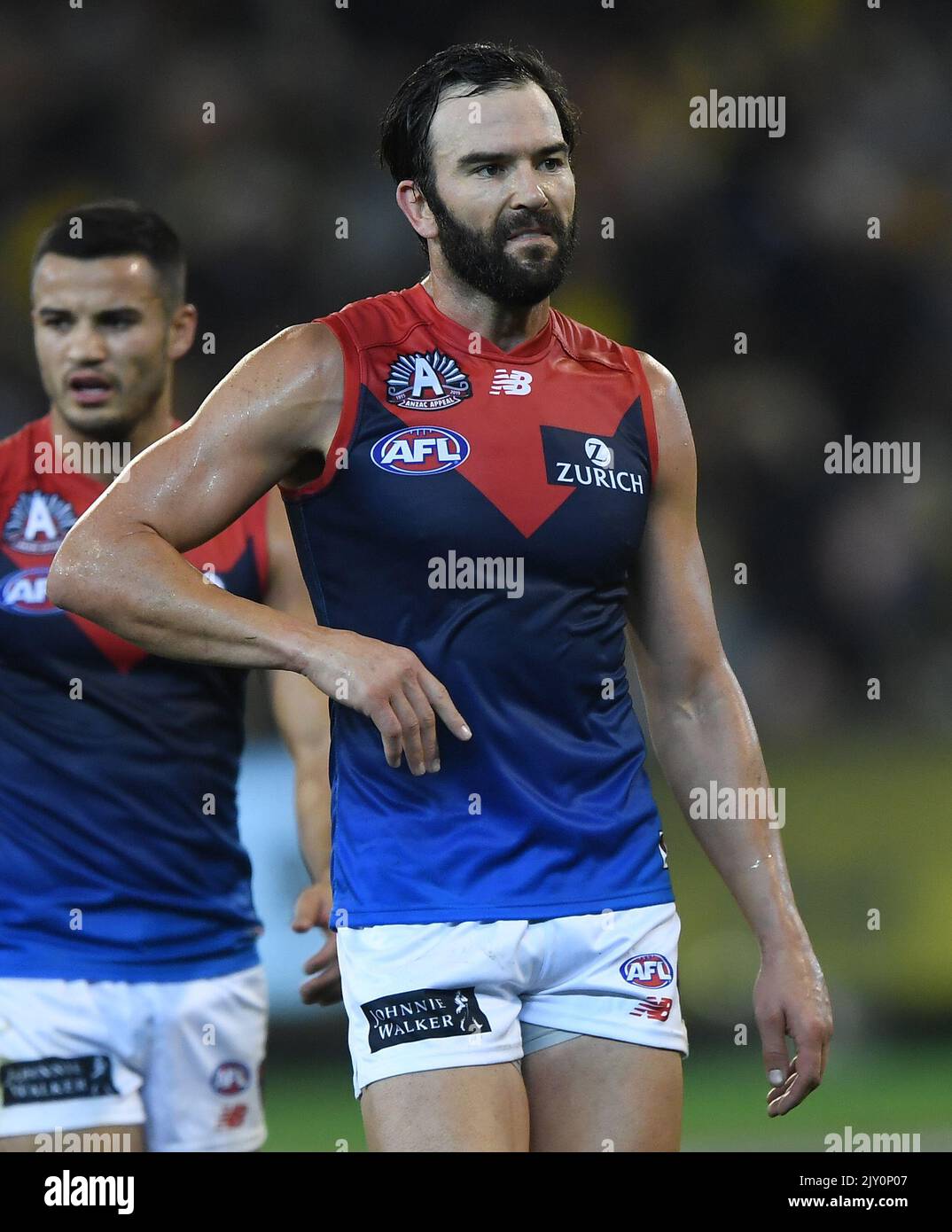 Jordan Lewis of the Demons reacts after the first-half of the Round 6 ...
