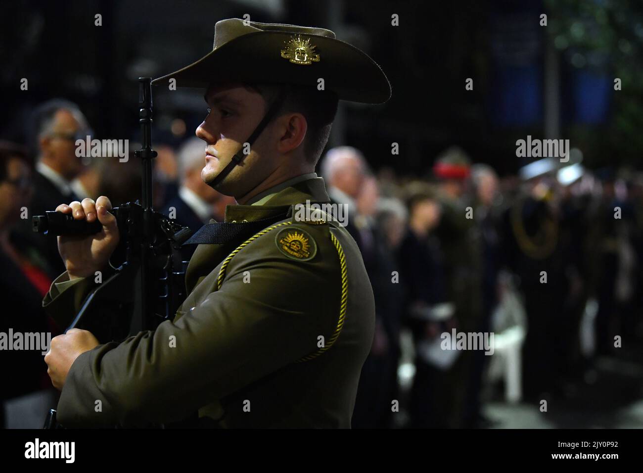 A member of the catafalque party is seen during the Anzac Day Dawn ...