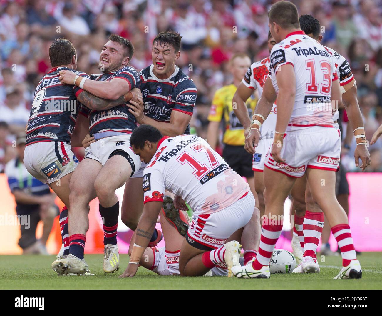 Angus Crichton of the Roosters scores during the Round 7 NRL match ...
