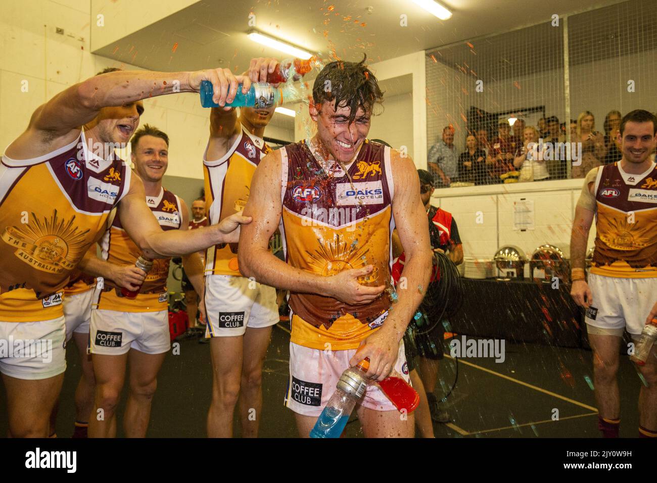 Noah Answerth of the Lions celebrates his first game with the Brisbane ...