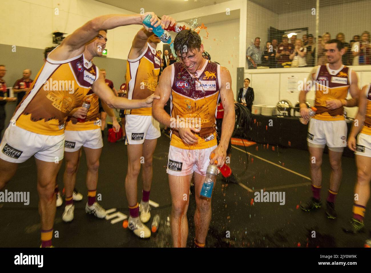 Noah Answerth of the Lions celebrates his first game with the Brisbane ...
