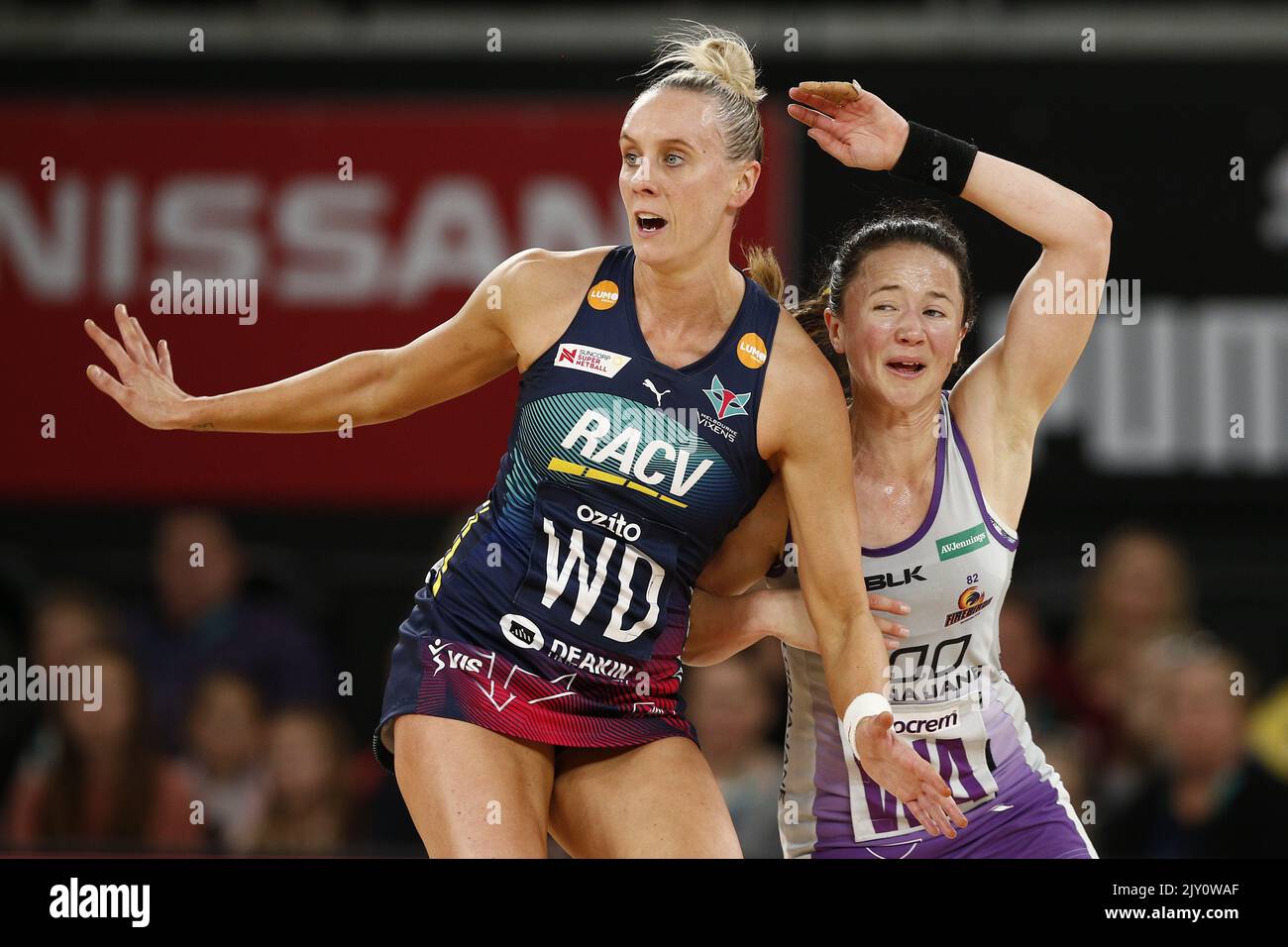Caitlyn Nevins of the Firebirds and Renae Ingles of the Vixens compete ...