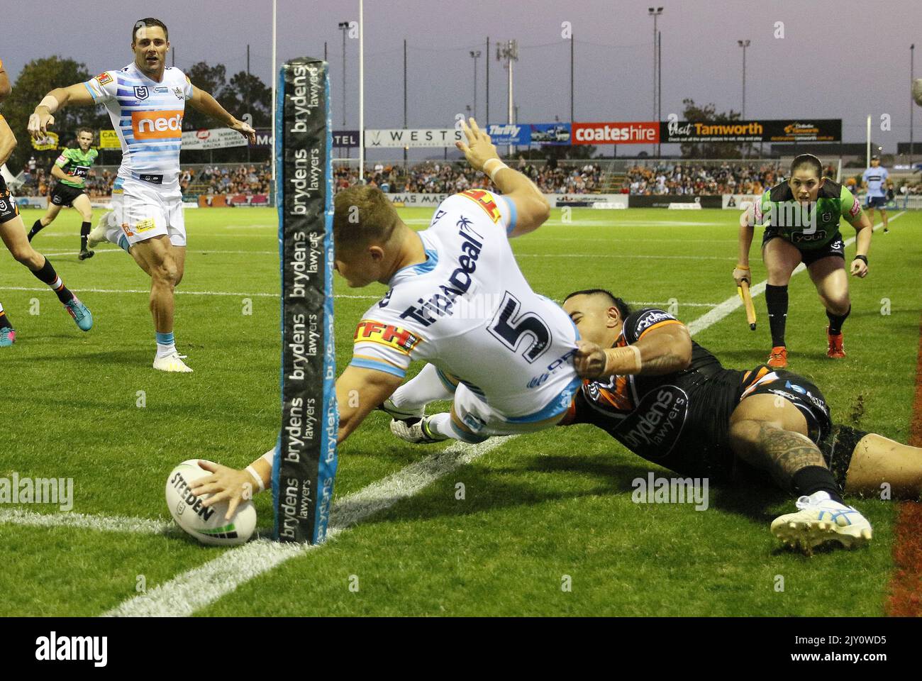 Dale Copley of the Titans is denied a first half try during the Round 7 ...