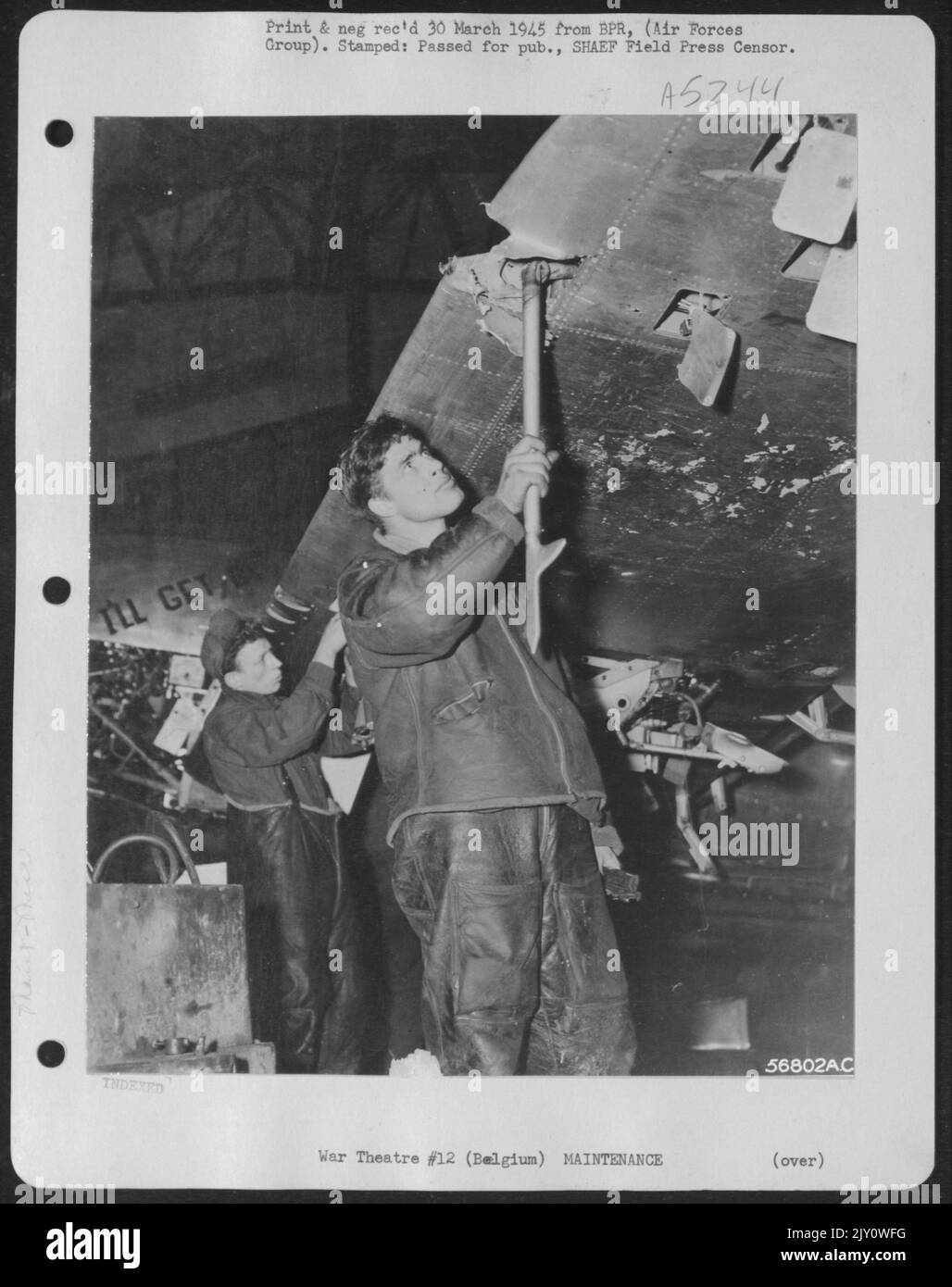 Belgium-Ruefully examining part of the flak damage to the Republic P-47 ...