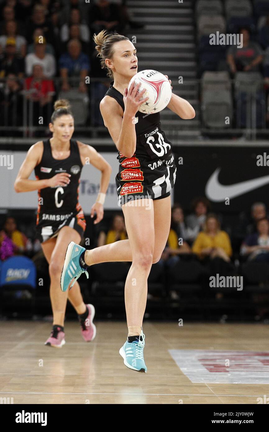 Natalie Medhurst of the Magpies receives a pass during the Round 1 ...