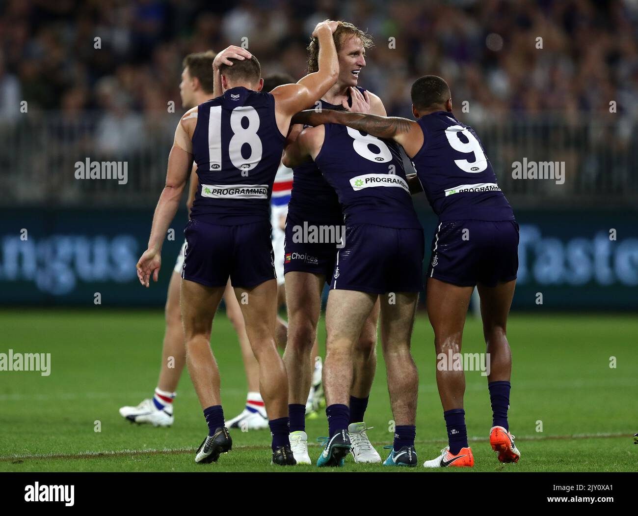 David Mundy of the Dockers celebrates kicking a goal with Andrew ...