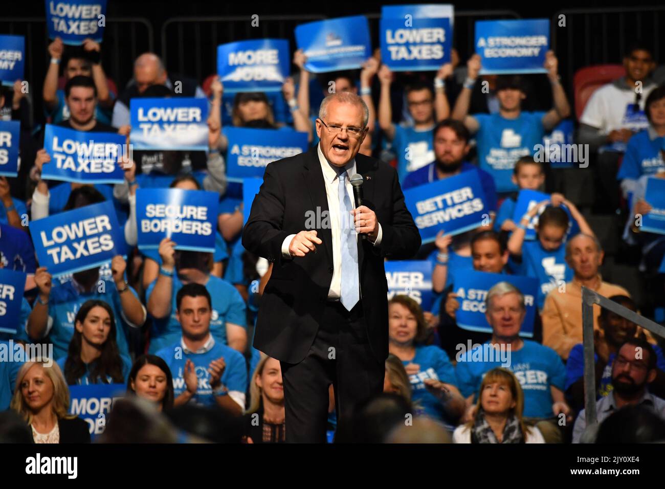 Prime Minister Scott Morrison at a campaign rally at Sydney Olympic ...