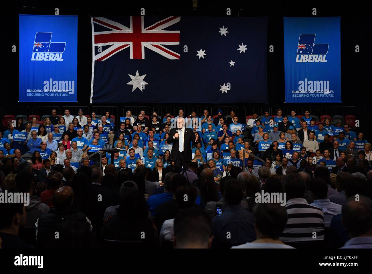 Prime Minister Scott Morrison at a campaign rally at Sydney Olympic ...