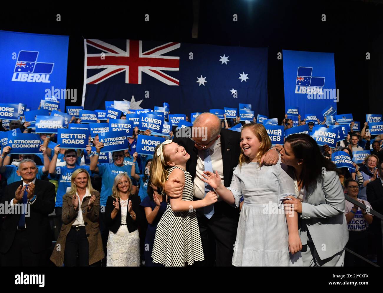 Prime Minister Scott Morrison with daughters Abbey (L), Lily and wife ...