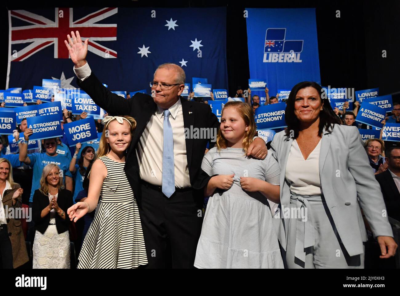 Prime Minister Scott Morrison with daughters Abbey (L), Lily and wife ...