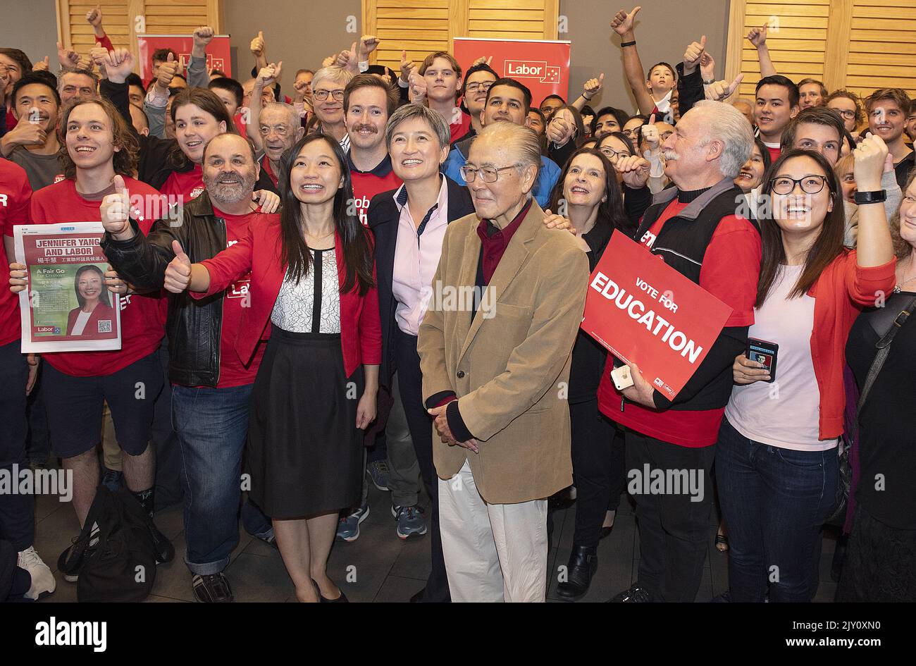 Labor candidate for Chisholm Jennifer Yang (centre left), Senator Penny Wong (centre) and her ...