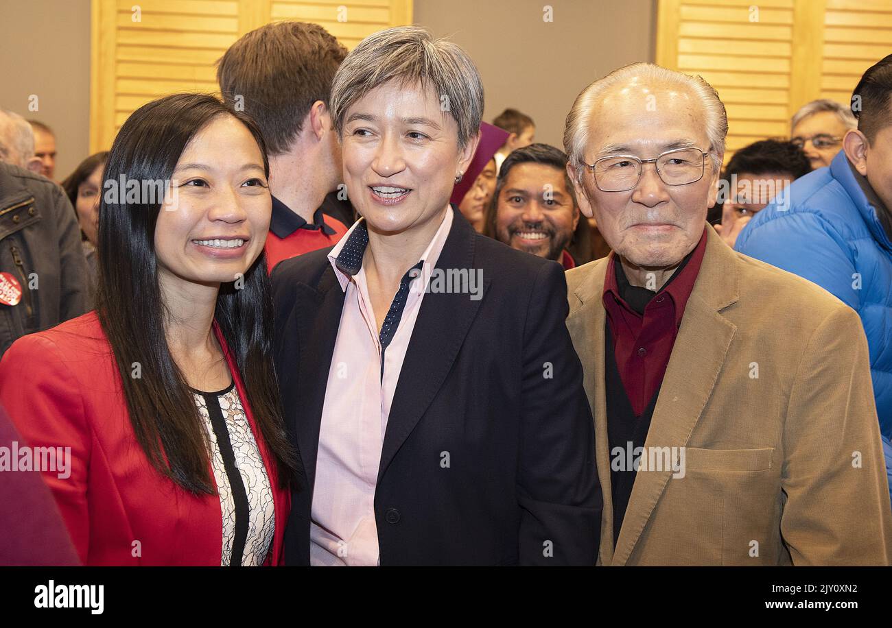 (L-R) Labor candidate for Chisholm Jennifer Yang, Senator Penny Wong and her father Francis Wong ...