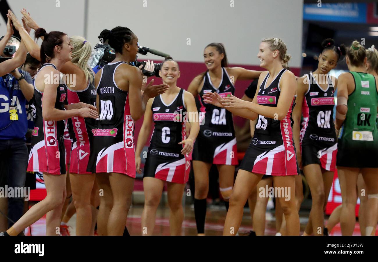 Thunderbirds players celebrate winning the Round 1 Super Netball match ...