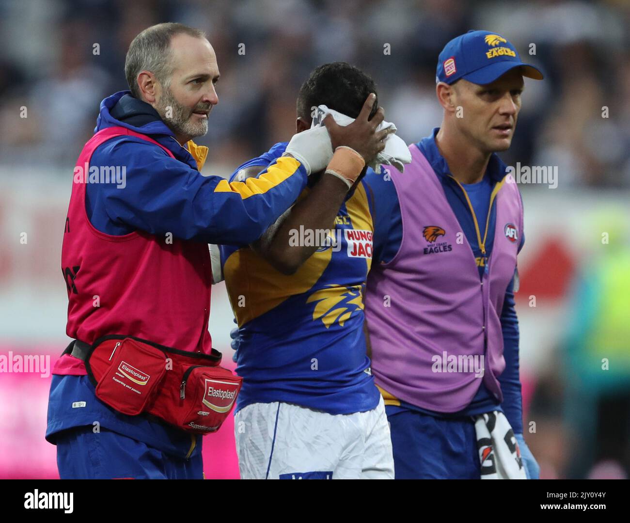 Liam Ryan of the Eagles leaves the field injured during the Round 6 AFL ...