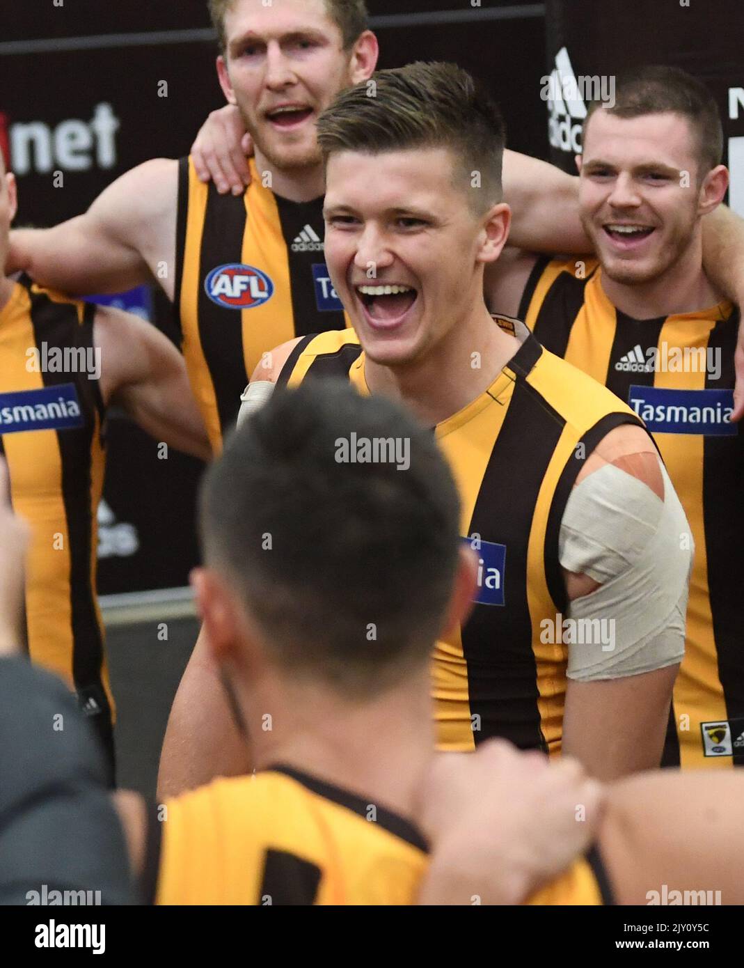 Mitchell Lewis of the Hawks (centre) reacts after the Round 6 AFL match ...