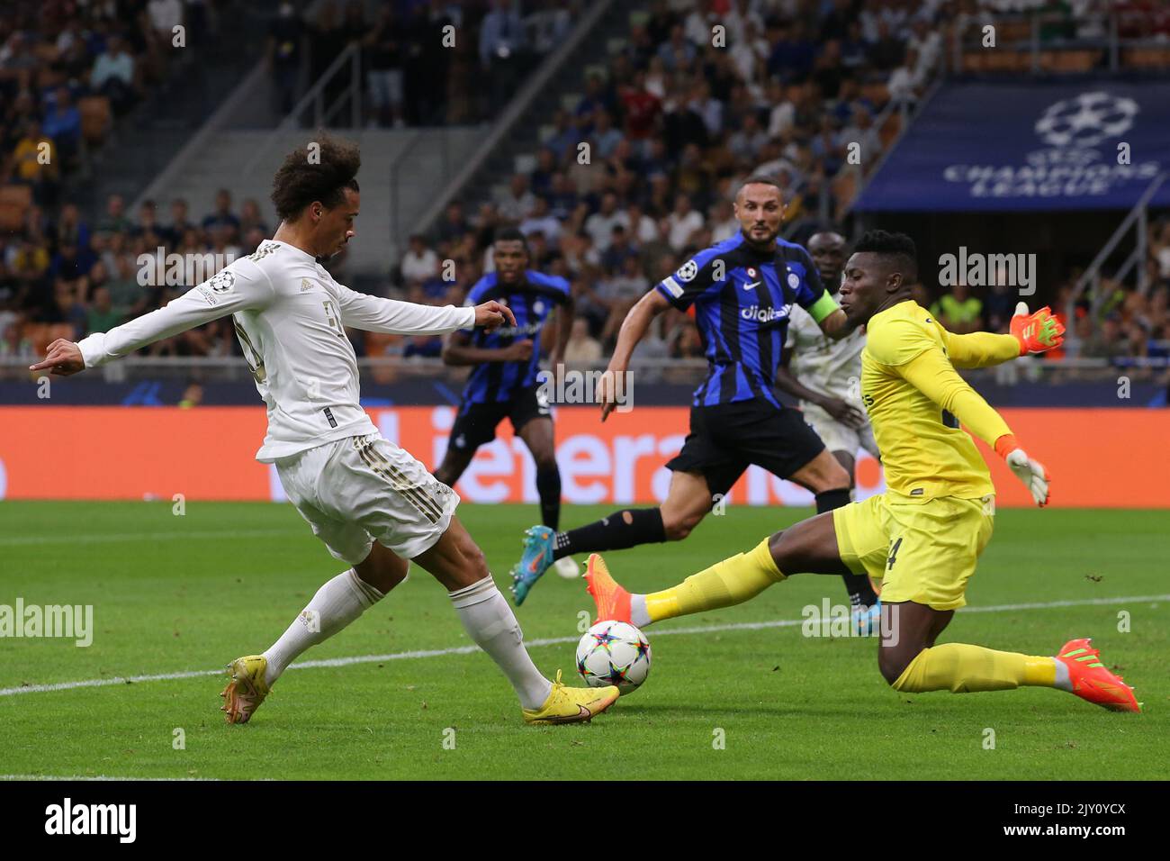 Milan, Italy. 7th Sep, 2022. Leroy Sane of Bayern Munchen scores his ...