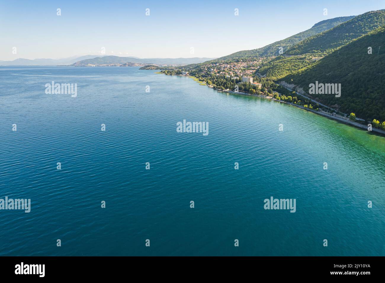 Aerial view of Dolno Konjsko and Sveti Stefan by Ohrid lake in North ...