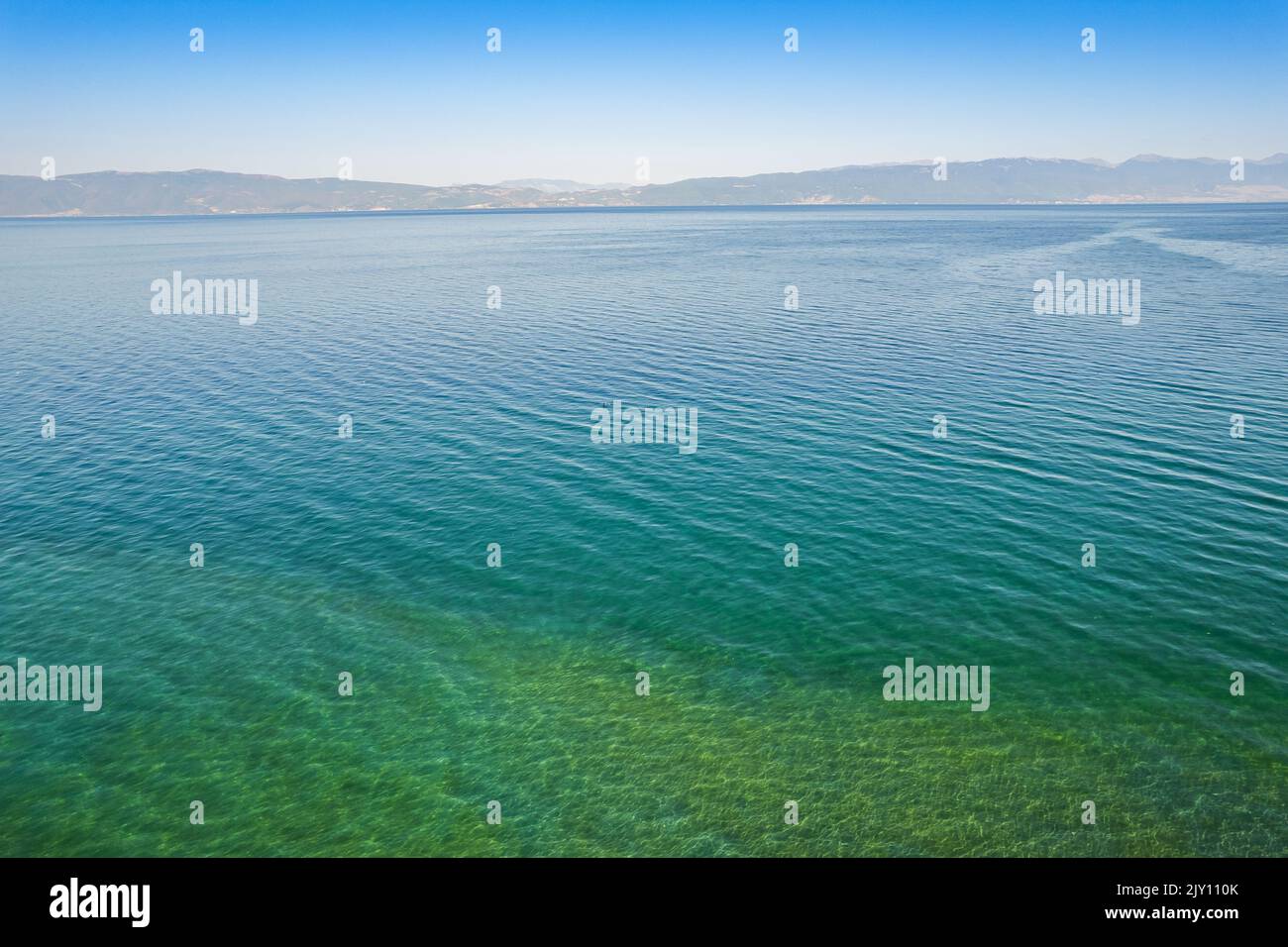 Different colors of blue in Ohrid lake in Summer of bird view Stock ...