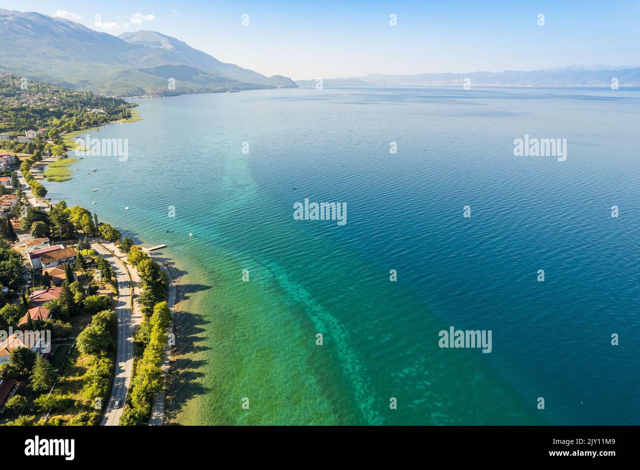 Aerial view of Lagadin village by Ohrid lake in North Macedonia in ...