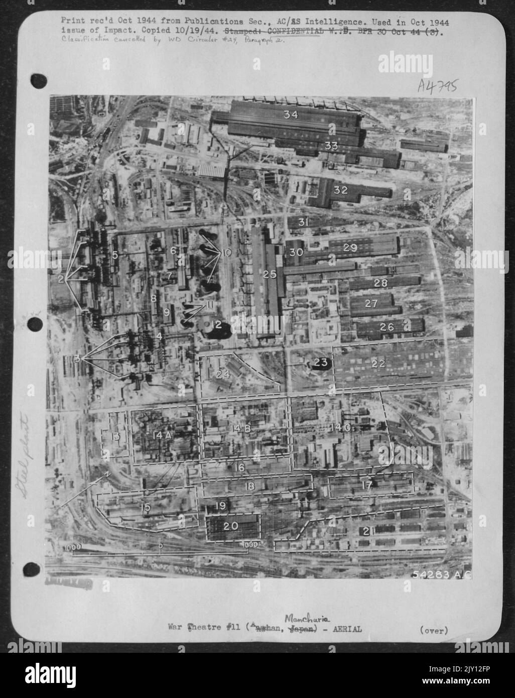 Annotated photo of Anshan Steel Works, Anshan, Manchuria. (1) ore and ...