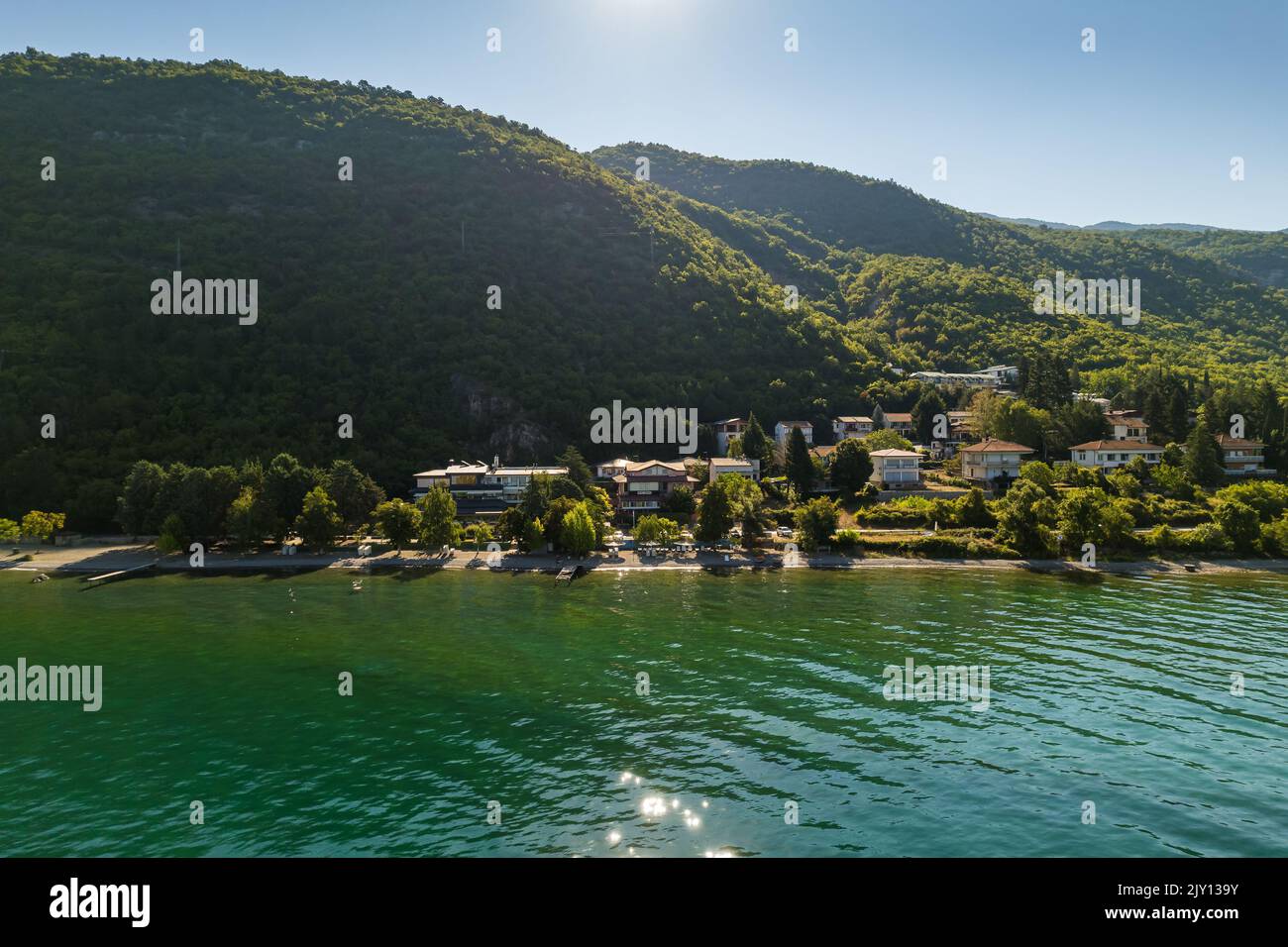 Aerial view of Lagadin village by Ohrid lake in North Macedonia in ...