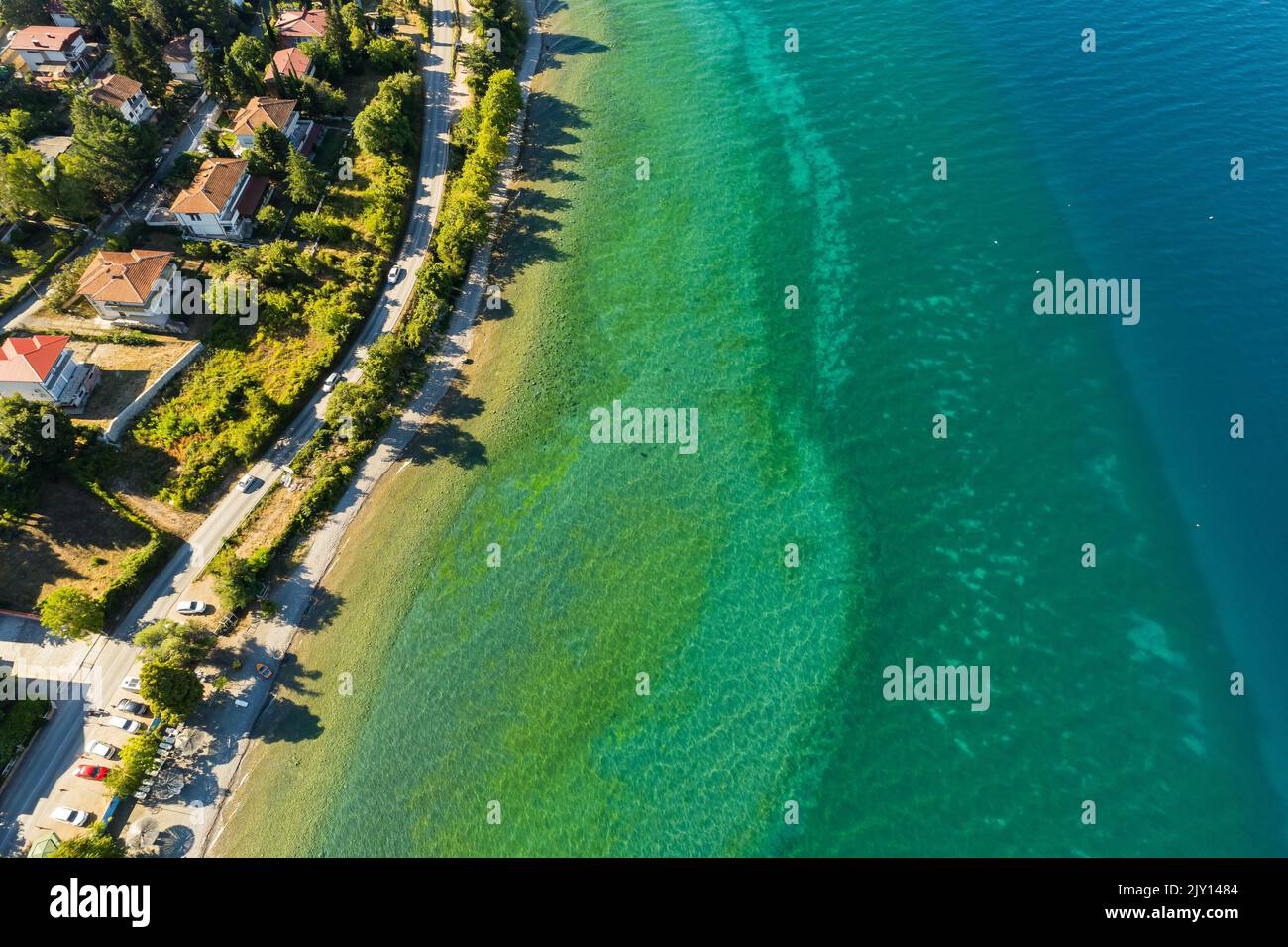 Aerial view of Lagadin village by Ohrid lake in North Macedonia in ...