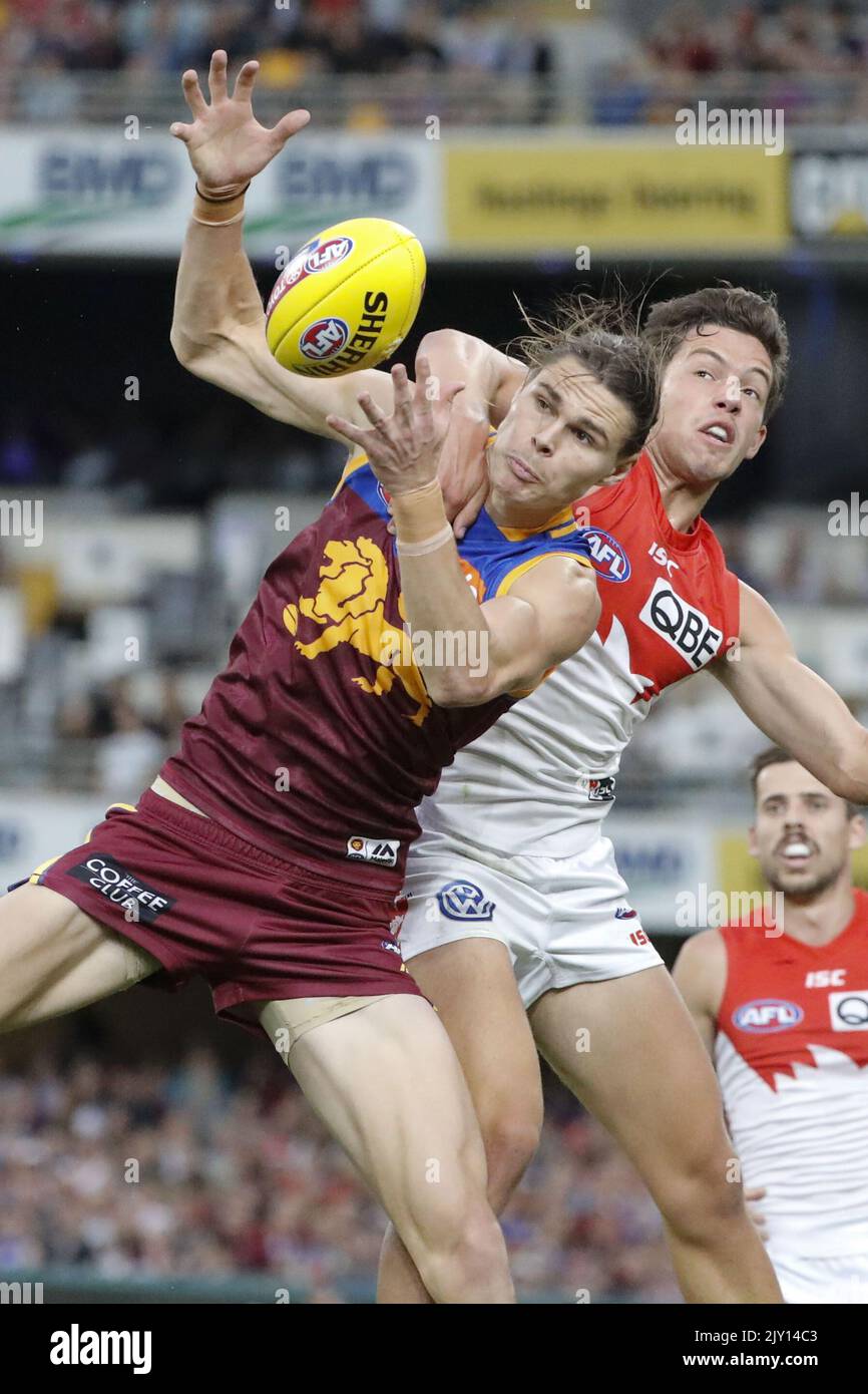 Eric Hipwood of the Lions takes a mark during the Round 7 AFL match ...