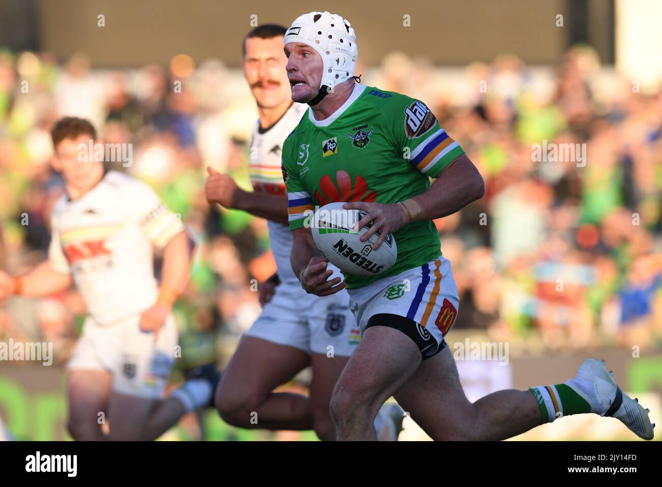 Jarrod Croker of the Raiders runs the ball up field during the Round 8 ...