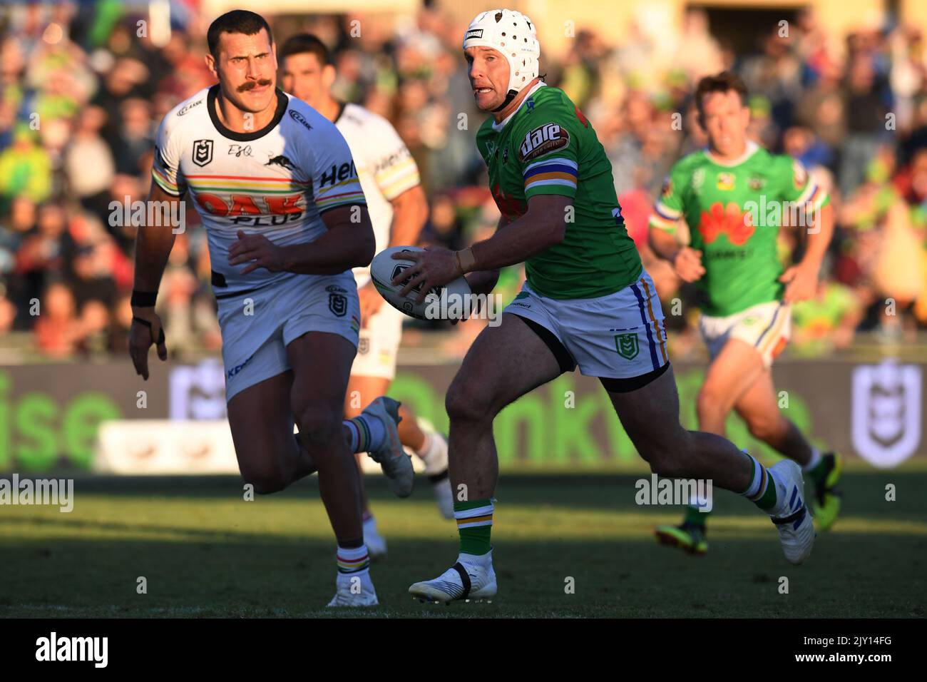 Jarrod Croker of the Raiders runs the ball up field during the Round 8 ...