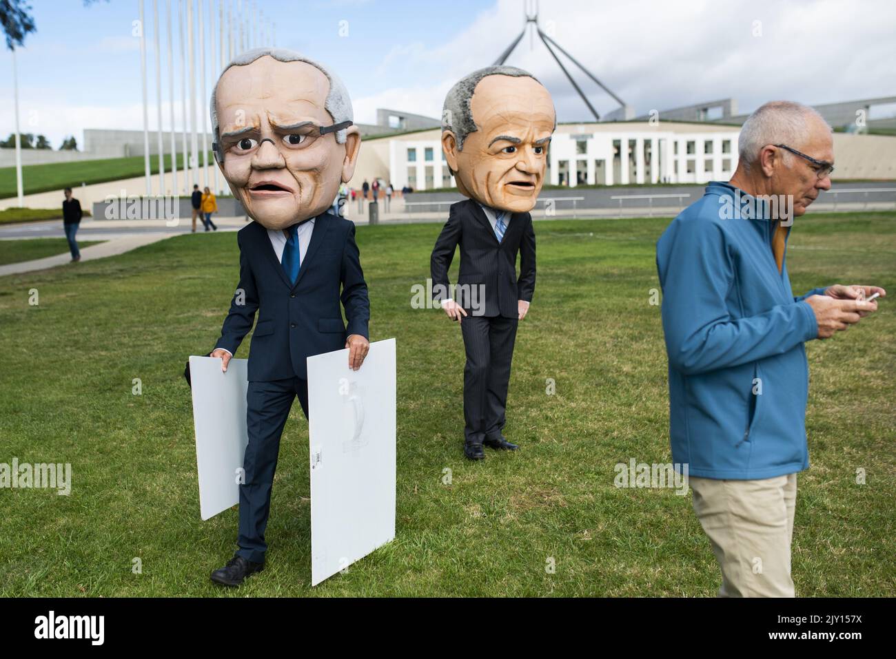 Protestors dressed as Scott Morrison and Bill Shorten during the anti ...