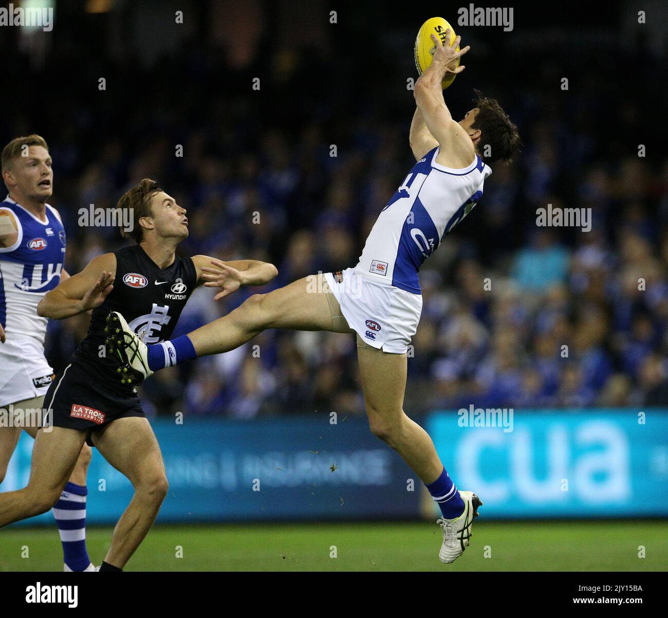 Taylor Garner of the Kangaroos marks during the Round 7 AFL match ...