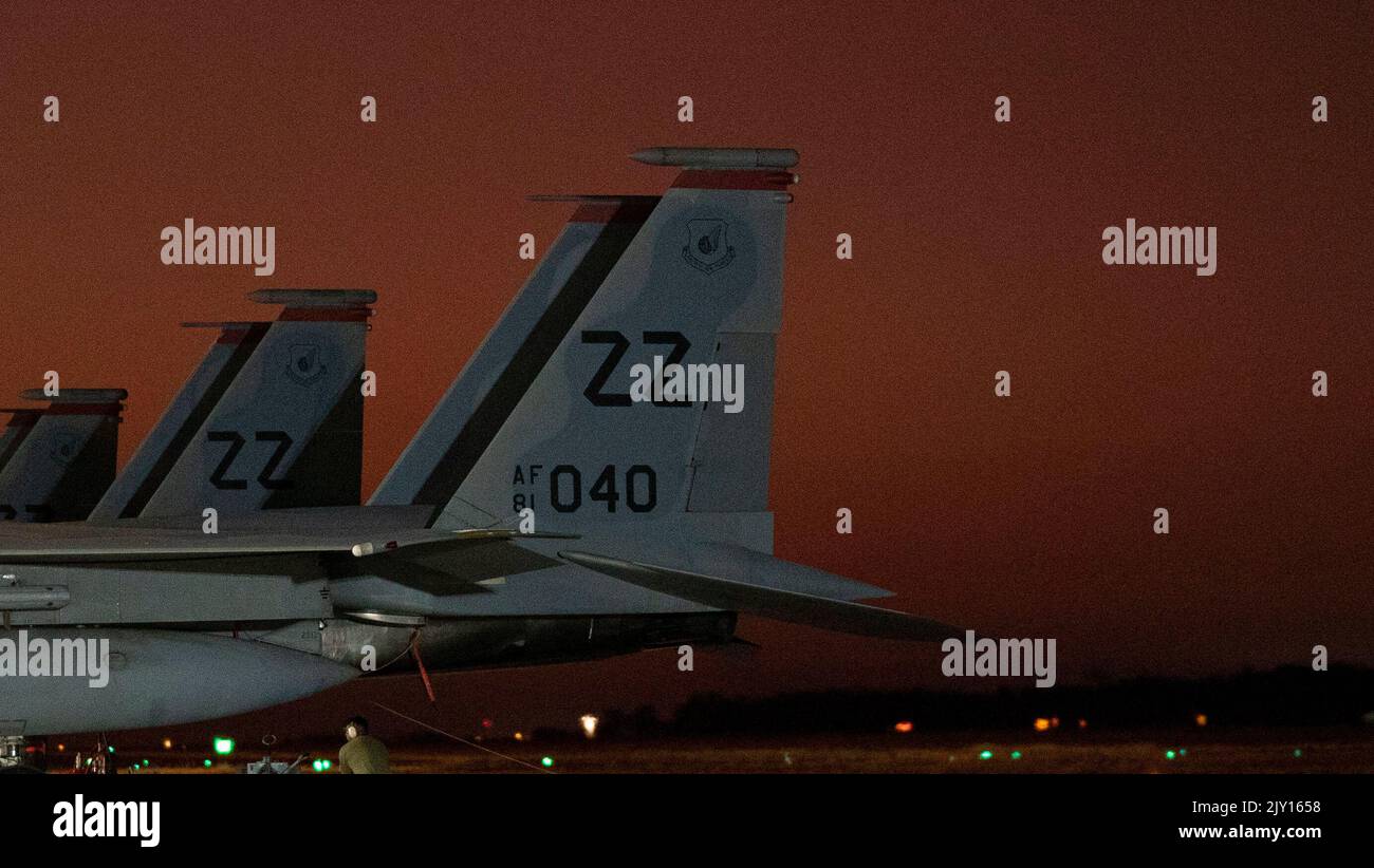 U.S. Air Force F-15C Eagles assigned to the 67th Fighter Squadron sit ...