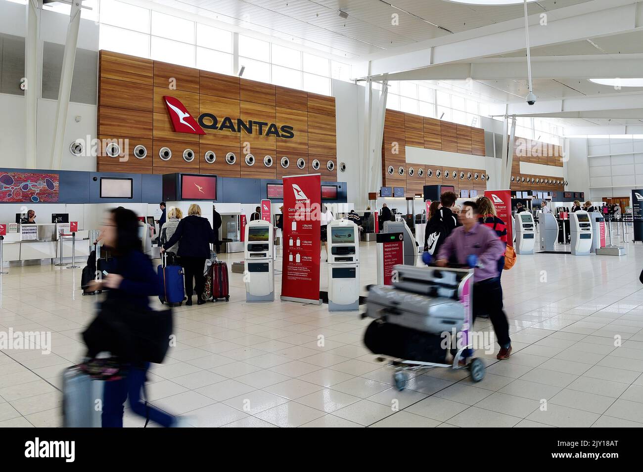 Passengers are seen at the Qantas check in kiosks at Adelaide Airport ...