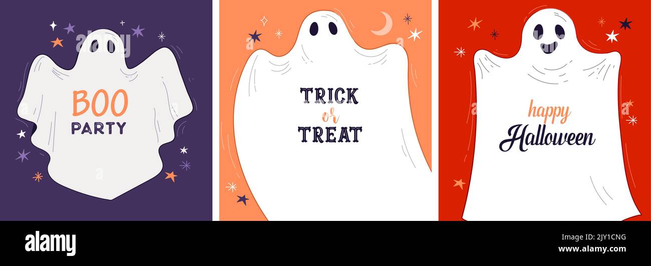 Elegant, clean Halloween cards with cute hand drawn ghosts, banner ...