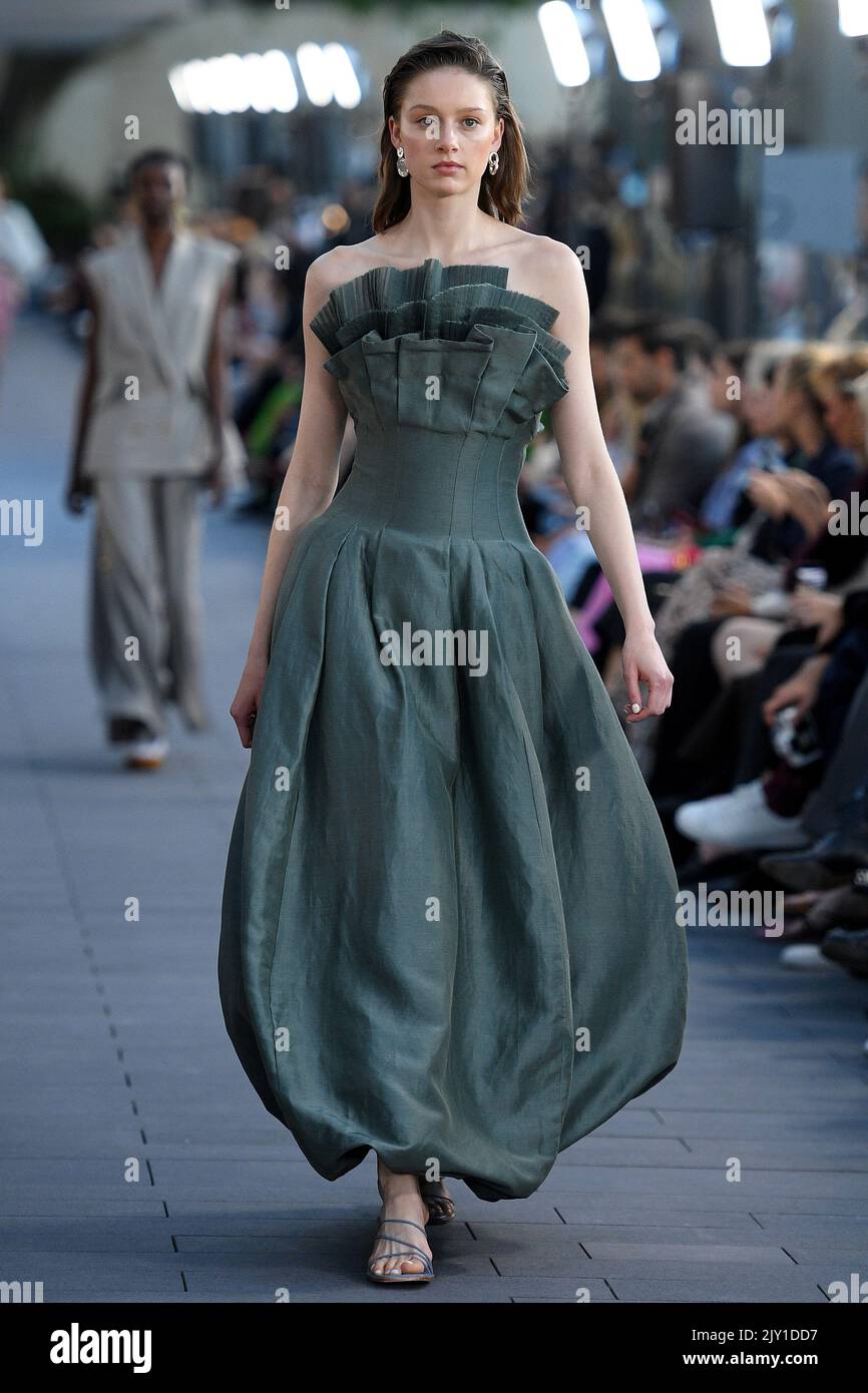 A model walks the runway wearing creations by Aje during Mercedes-Benz ...