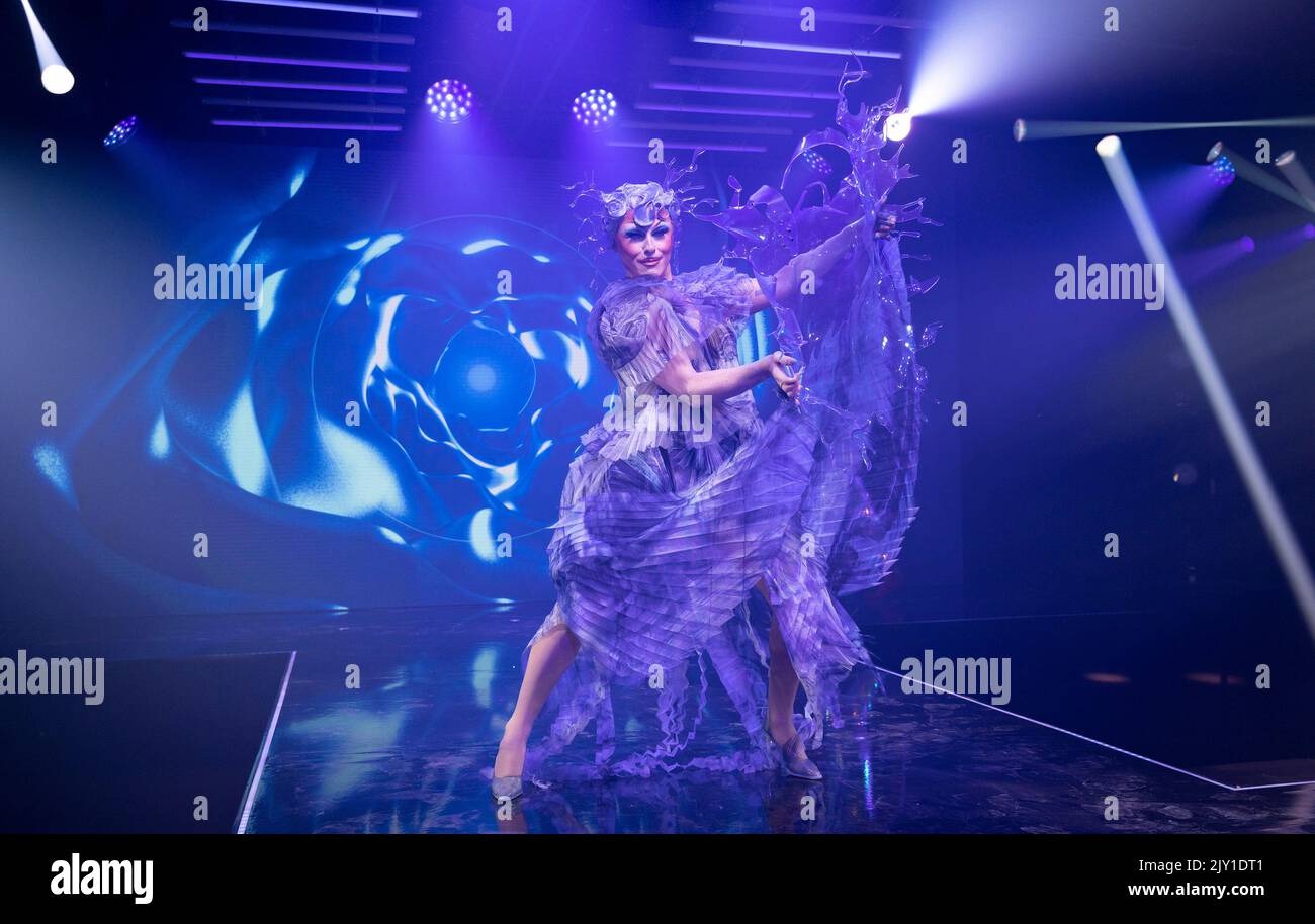 EDITORIAL USE ONLY Drag queen Blu Hydrangea on the runway at Meta's ...