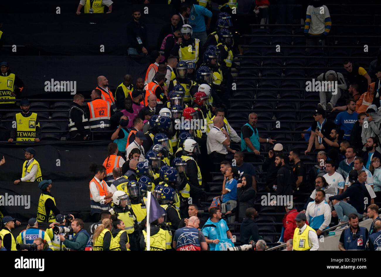 Tottenham Hotspur fans clash with Marseille fans in the stands during ...
