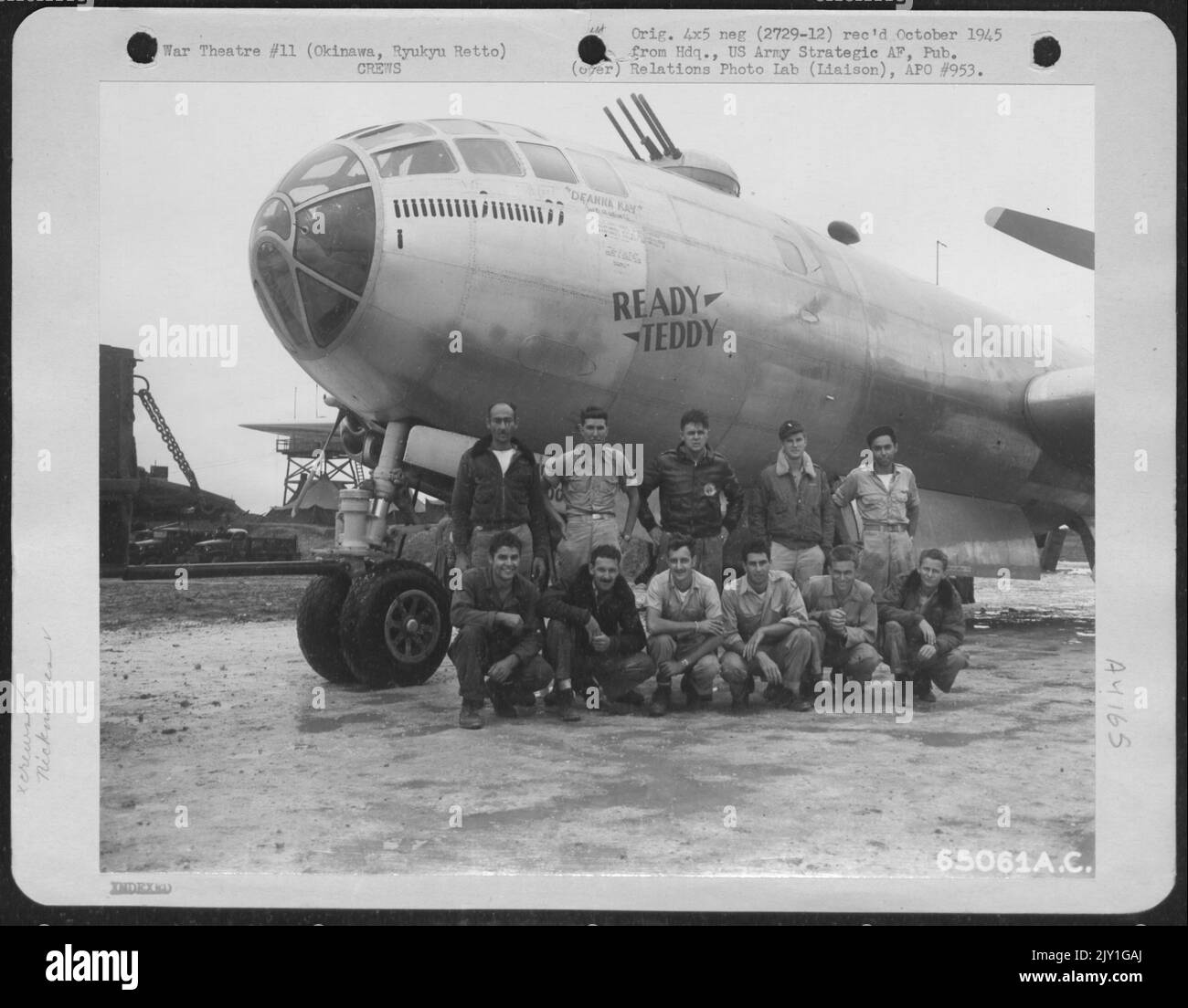Crew Of The Boeing B-29 Superfortress 'Ready Teddy' Pose Beside Their Plane On Okinawa, Ryukyu ...