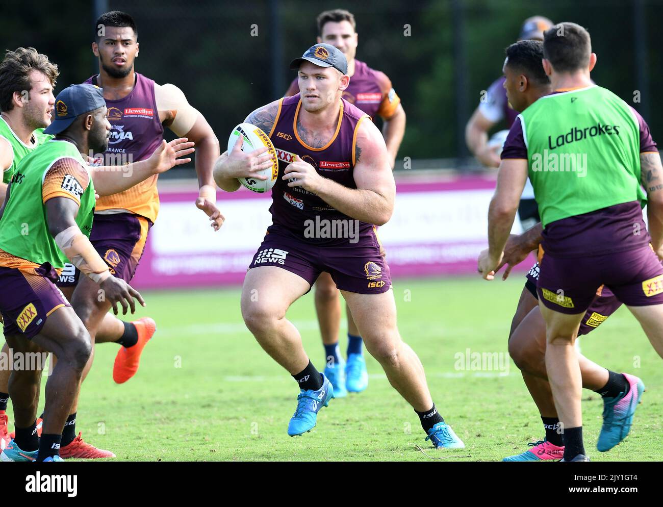 Brisbane Broncos player Matt Lodge (centre) is seen during training in ...