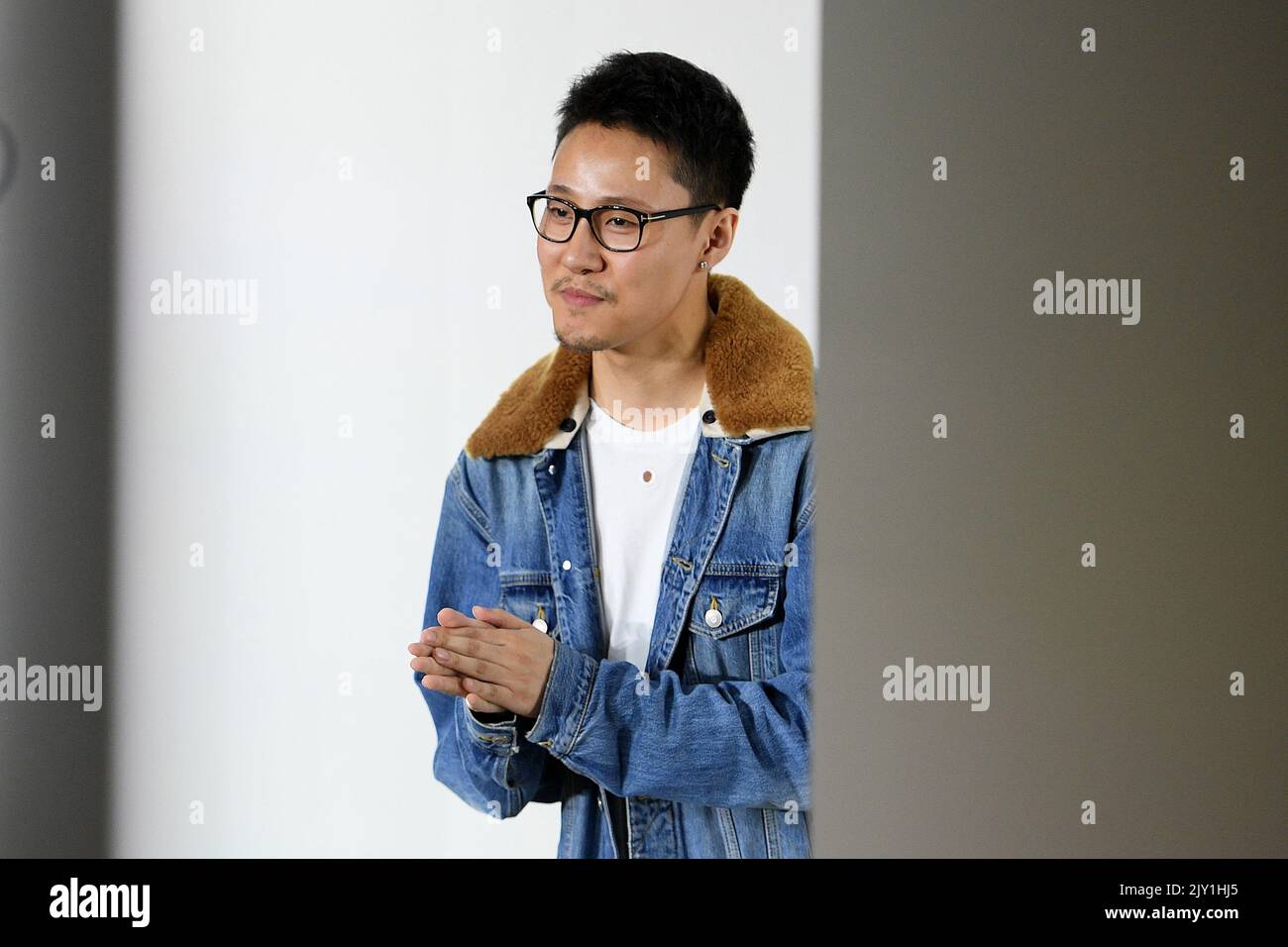 Leo & Lin designer Leo Lin gestures following his show during Mercedes ...