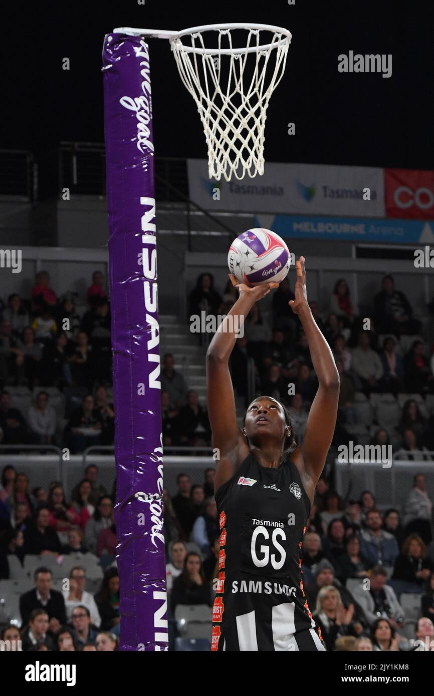 Shimona Nelson of the Magpies shoots during the Round 4 Super Netball ...
