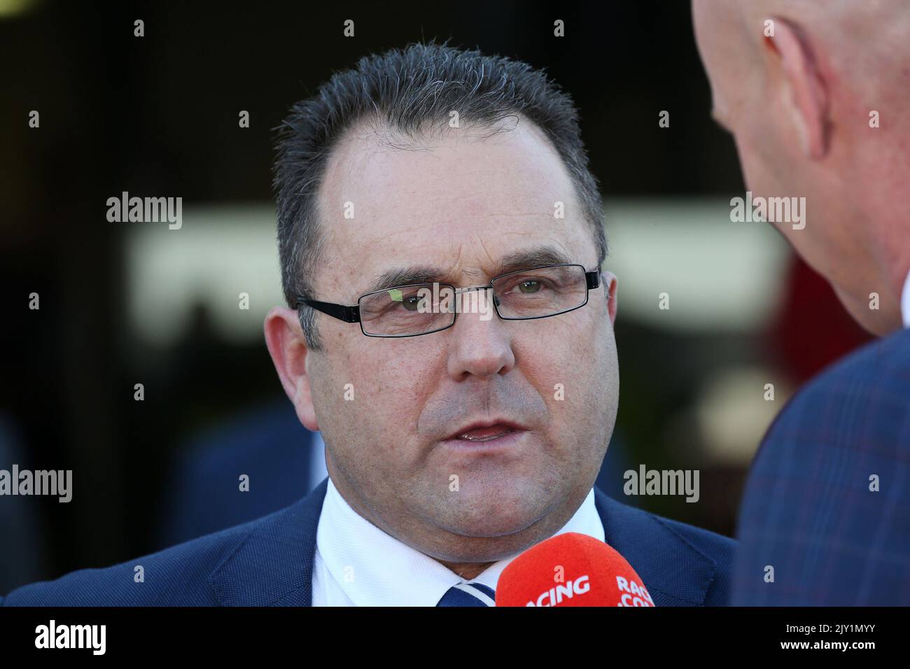 Trainer Robbie Griffiths is seen after jockey Ethan Brown rode Fidelia ...