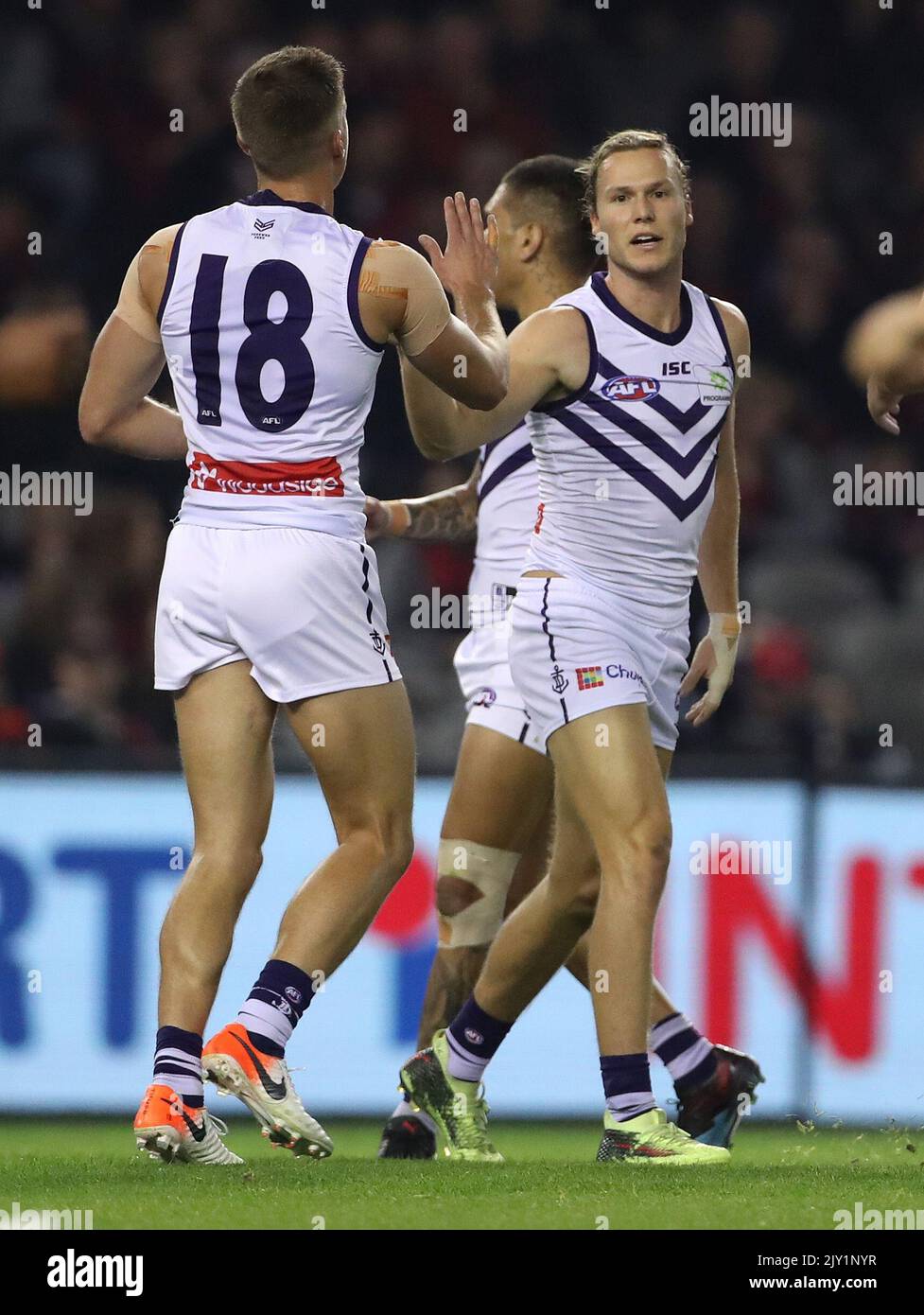 Ed Langdon of the Dockers celebrates a goal during the Round 9 AFL ...