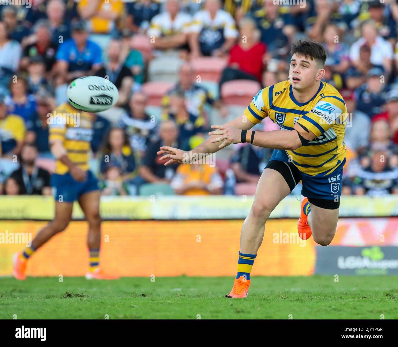 Reed Mahoney of the Eels gets a pass away during the Round 10 NRL match ...