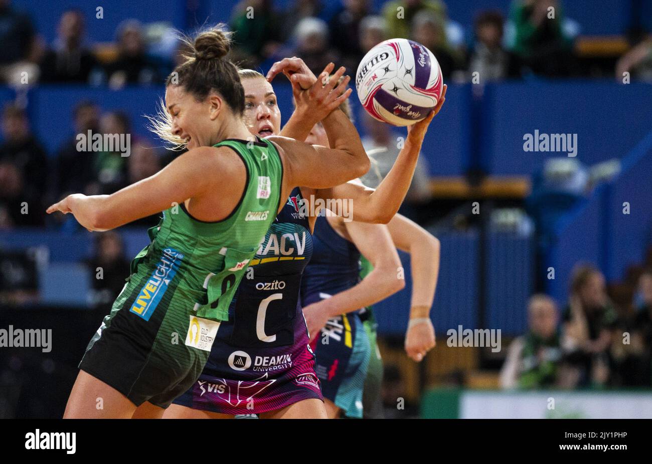 Verity Charles of the Fever and Katie Moloney of the Vixens during the ...