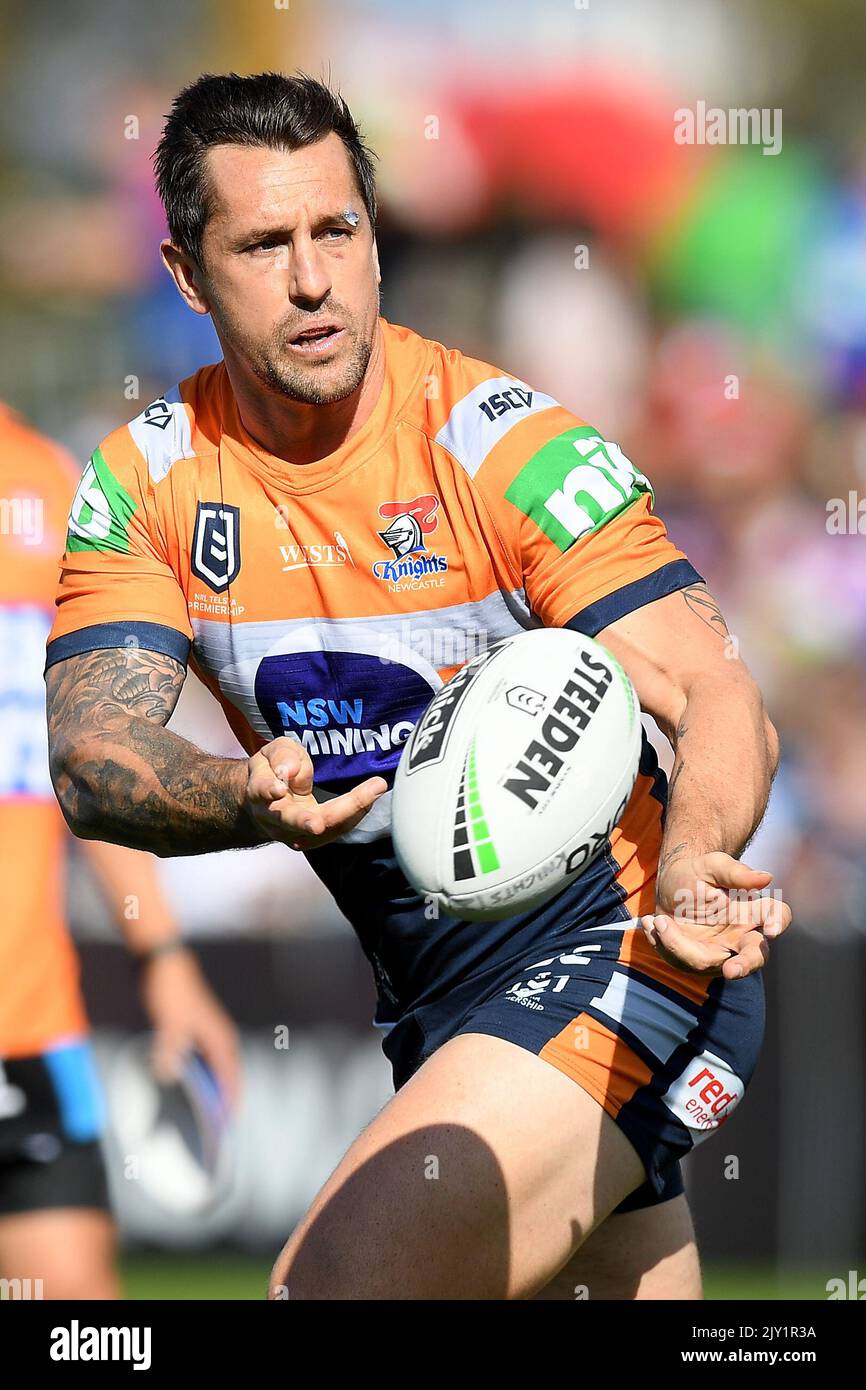Mitchell Pearce of the Knights warms up ahead of the Round 10 NRL match ...