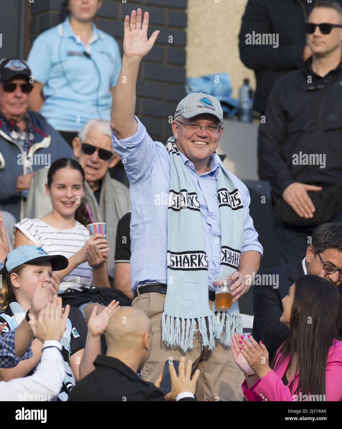 Newly reelected Prime Minister Scott Morrison waves to the crowd during ...