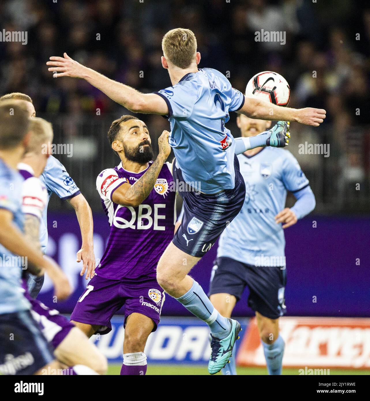 Diego Castro of the Glory and Aaron Calver of Sydney during the A ...