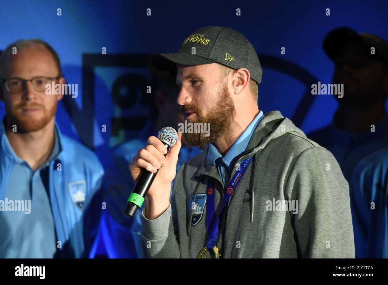 Sydney FC goalkeeper Andrew Redmayne speaks on stage as Sydney FC ...