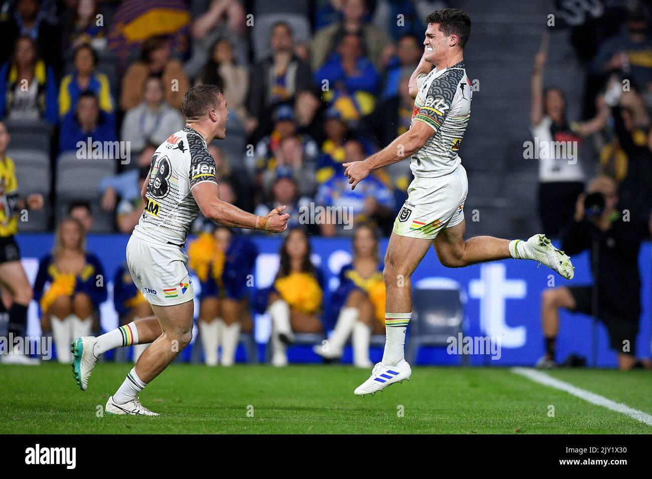 Nathan Cleary of the Panthers (right) celebrates with Mitchell Kenny ...